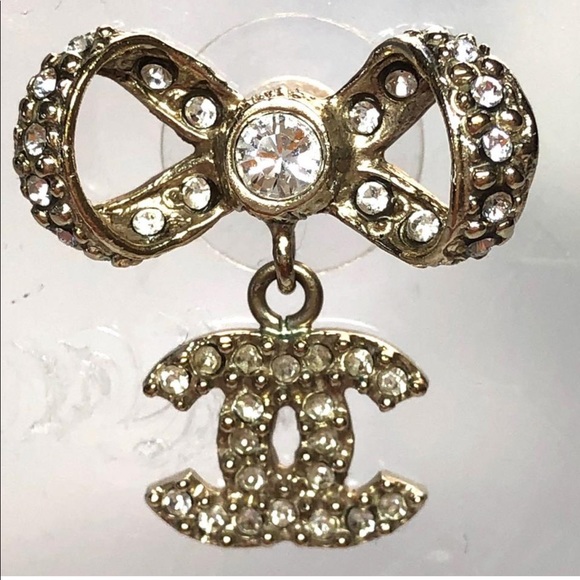 CHANEL | Jewelry | Authentic Crystal Cc Ribbon Bow Dangle 3s Stud ...